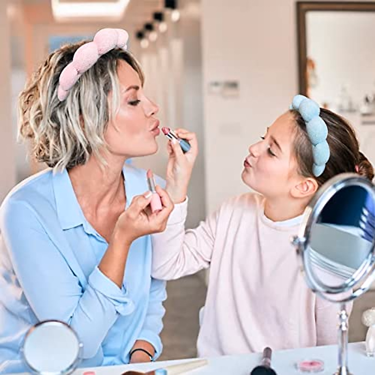 yucca 2Pcs Sponge Spa Headband, Terry Cloth Headband, Bubble Headband for Washing Face, Makeup Headband, Fluffy Skincare Headband, Puffy Headband for Women (PinkBlue)