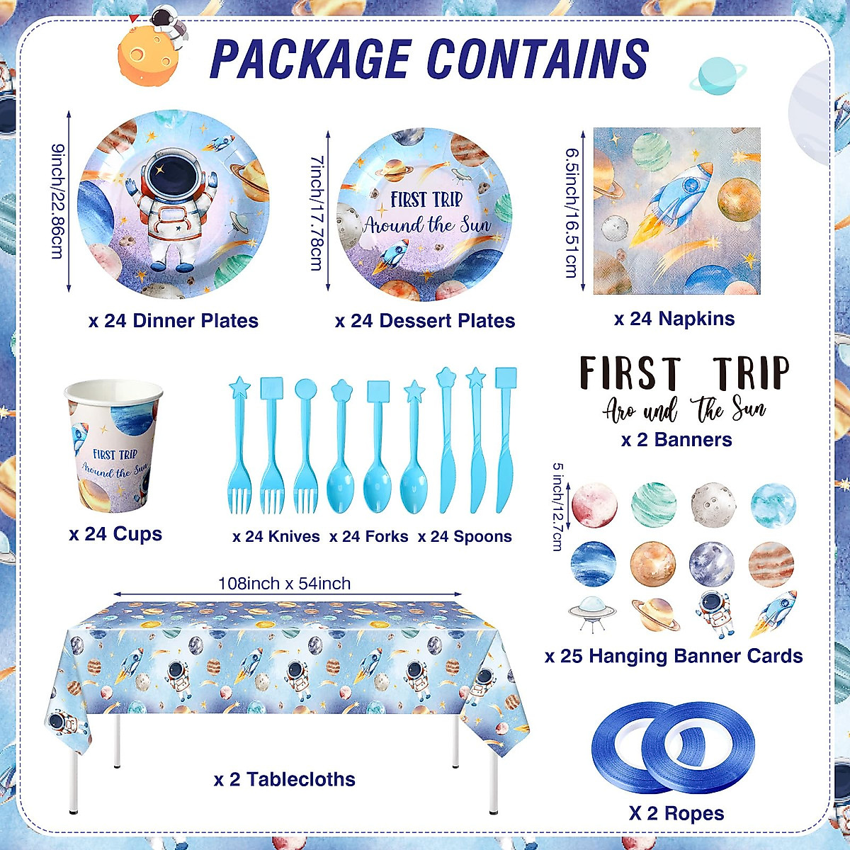Pasimy 175 Pcs First Trip Around the Sun Birthday Party Supplies Outer Space 1st Birthday Decorations Plates Banner Napkins Tablecloth Solar System Galaxy Tableware Set Baby Shower Decor for 24 Guests