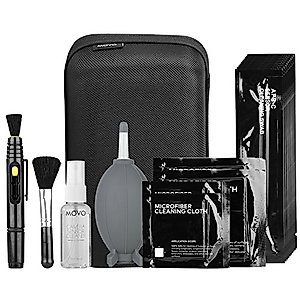 Movo Deluxe Essentials DSLR Camera Cleaning Kit with 10 APS-C Cleaning Swabs, Sensor Cleaning Fluid, Rocket Air Blower, Lens Pen, Soft Brush, 2X Small and 2X Large Microfiber Cloths and Carrying Case
