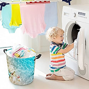 Starfish Coral and Seashell on Beach Foldable Laundry Basket Waterproof Hamper Storage Bin Bag with Handle 16.5"x 16.5"x 17"
