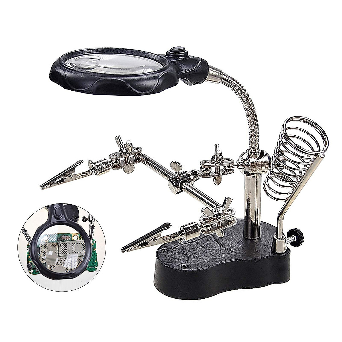 mlogiroa Helping Hands Soldering Station, 3.5X 12X Magnifying Glass LED Lighted Magnifier with Auxiliary Clips Alligator Clamp Repair Tools Kit for Soldering, Assembly, Miniatures