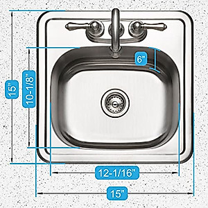 Houzer Stainless Steel 1515-6BS-1 Hospitality Bar Prep Sink - Topmount 15" Single Bowl, 2-Hole, Drop-In Installation, Featuring Corrosion Resistant Stainless Steel, Easy to Clean Satin Finish