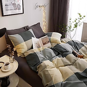 VClife Cotton Duvet Cover Queen, Modern Beige Black Grey Grid Printed Bedding Sets, 3 PCS Simple Queen Size Geometric Duvet Cover for All Season, Zipper Closure & Corner Ties, Easy Care, Breathable