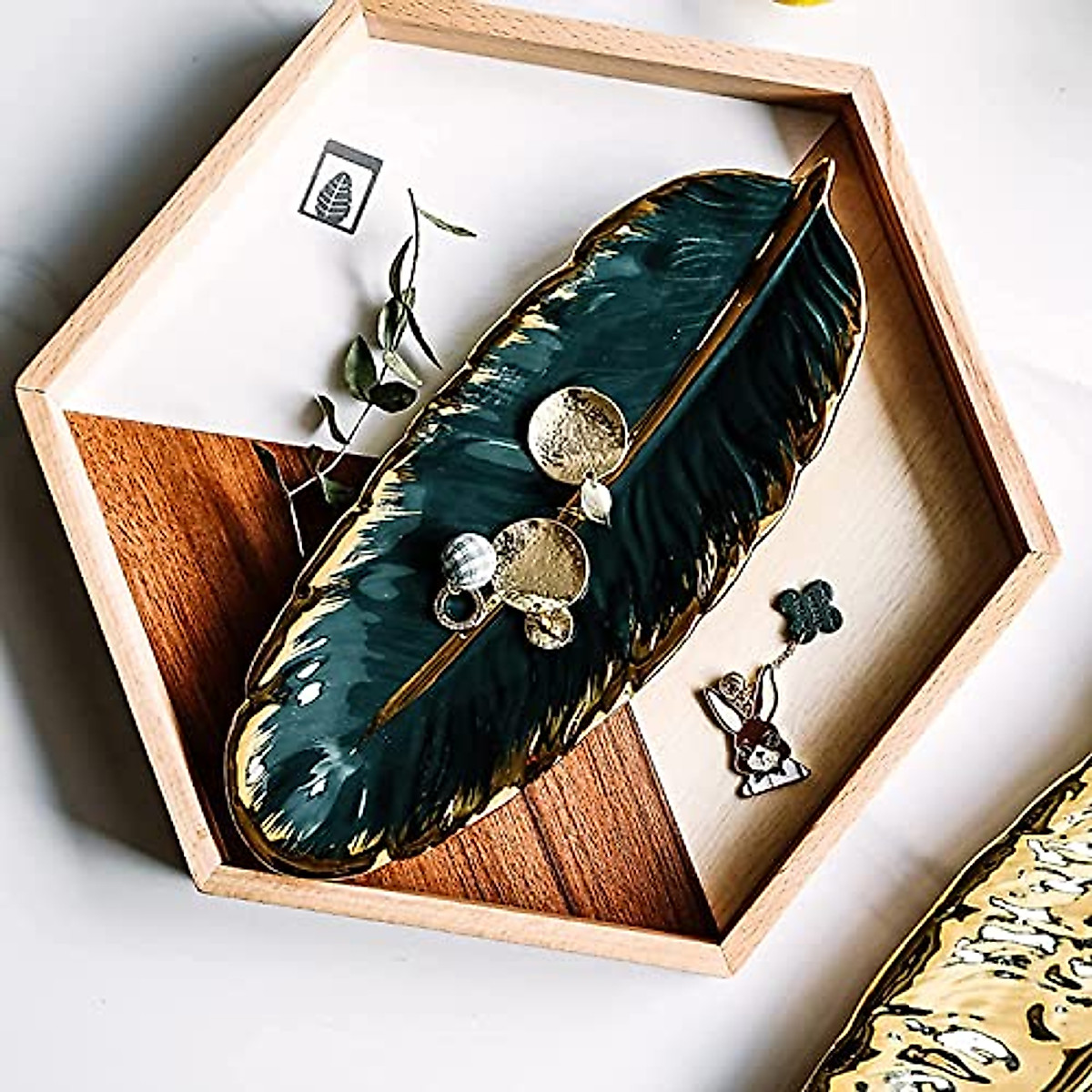 Organizer Tray Feather Trinket Dish Ceramic Jewelry Dish Organizer Vanity Dressers Tray for Bathroom Closets Tray Desk Ornate Jewelry-Green