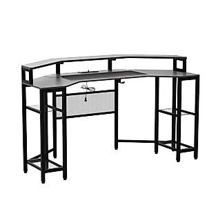 Gyfimoie Computer Desk with Power Outlet & Led Light, 63" Large Wing-Shaped Gaming Desk with Full Monitor Stand, Wireless Charging, RGB Mouse Pad,Headphone Hook,Studio Desk with Storage Shelf for Live
