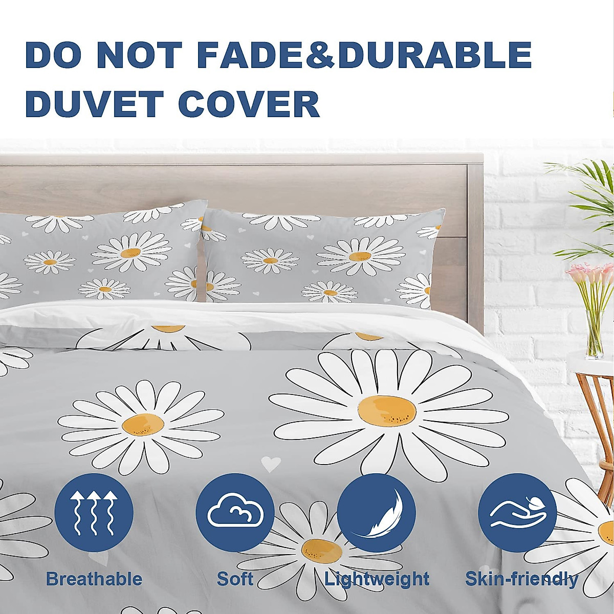 Batmerry Spring Floarl Full Size 3 Pieces Bedding Comforter Cover Sets,Soft Fluffy Cute White Flowers On Grey Pattern Printed Duvet Cover for All Season