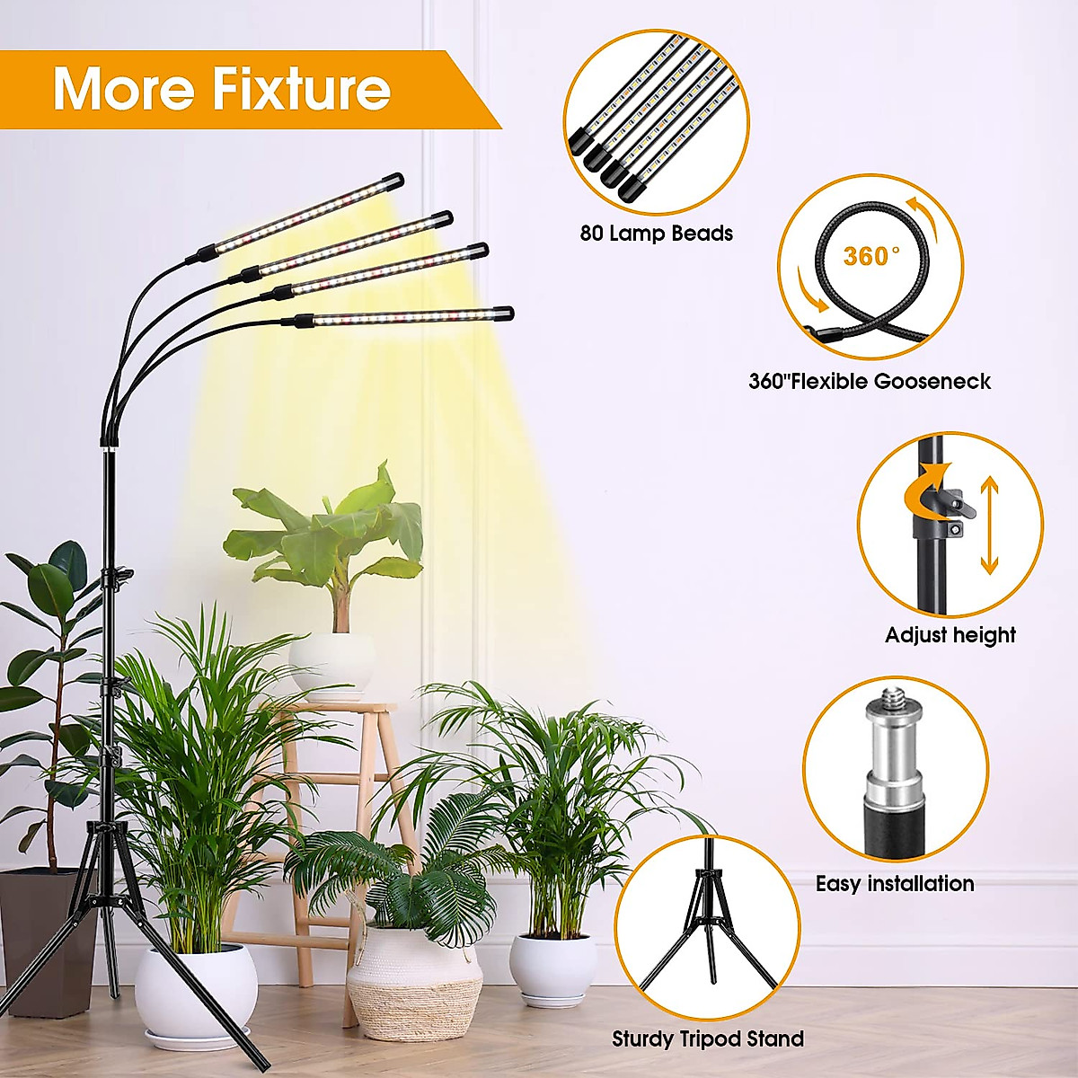 wolezek Grow Lights for Indoor Plants, 4-Head Full Spectrum LED Grow Light with Adjustable Tripod Stand 15-61 inches for Seed Starting, 3500K 6500K 660nm White Red Floor Plant Lamp with 4/8/12H Timer