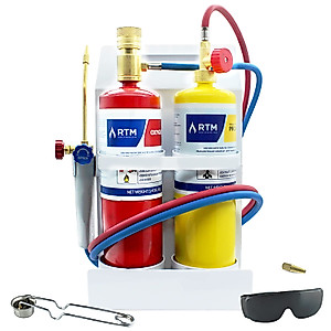 RTMMFG Oxygen MAPP Torch Kit Portable Cylinder Metal Stand, for Soldering, Brazing, Sparker, Protection glass, Extra nozzle(Gas Cylinders Not Included)