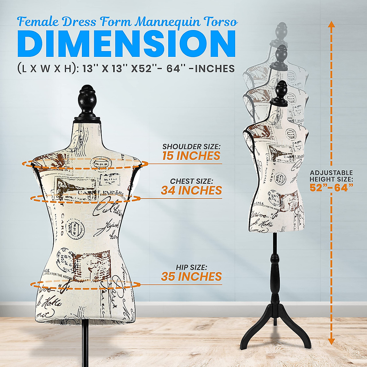 SereneLife Torso Display Female Mannequin with Adjustable Height (52-64 Inches), Easy-to-Assemble Design, Lightweight & Durable, Stable Tripod Stand, Perfect for Clothing Display