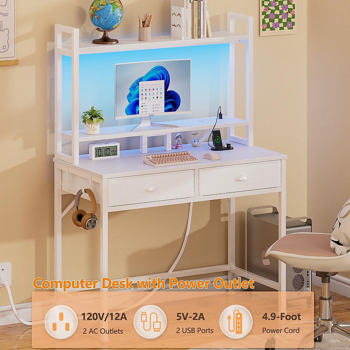 Furologee Small White Desk with Drawers, 36 Inch Home Office Computer Desk with Power Outlet and LED Light, Vanity Desk with Storage Shelves, Modern Work/Writing/Study Table for Bedroom, White