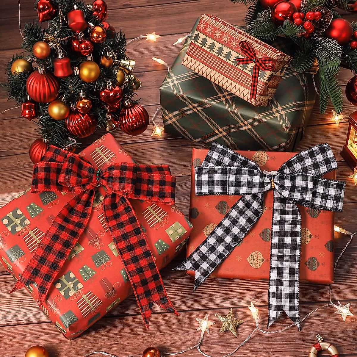 6 Rolls 54 Yards Christmas Wrapping Ribbon Buffalo Plaid Festival Ribbon Wired Holiday Garland Ribbons for Gift Wrapping Decoration Floral Bows Craft