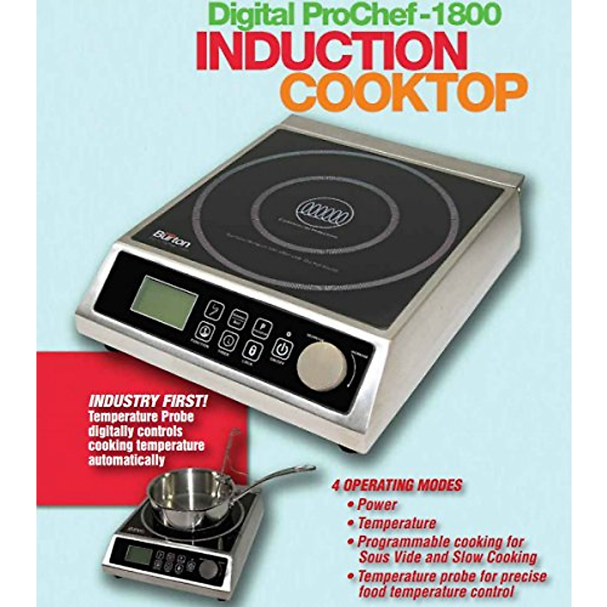 Max Burton 6515 Digital ProChef-1800 Induction Cooktop, Digital Controls, 10 Adjustable Watt and 15 Temperature Settings, Timer, Program Lock, Programmable Cooking, 1800W, 120V