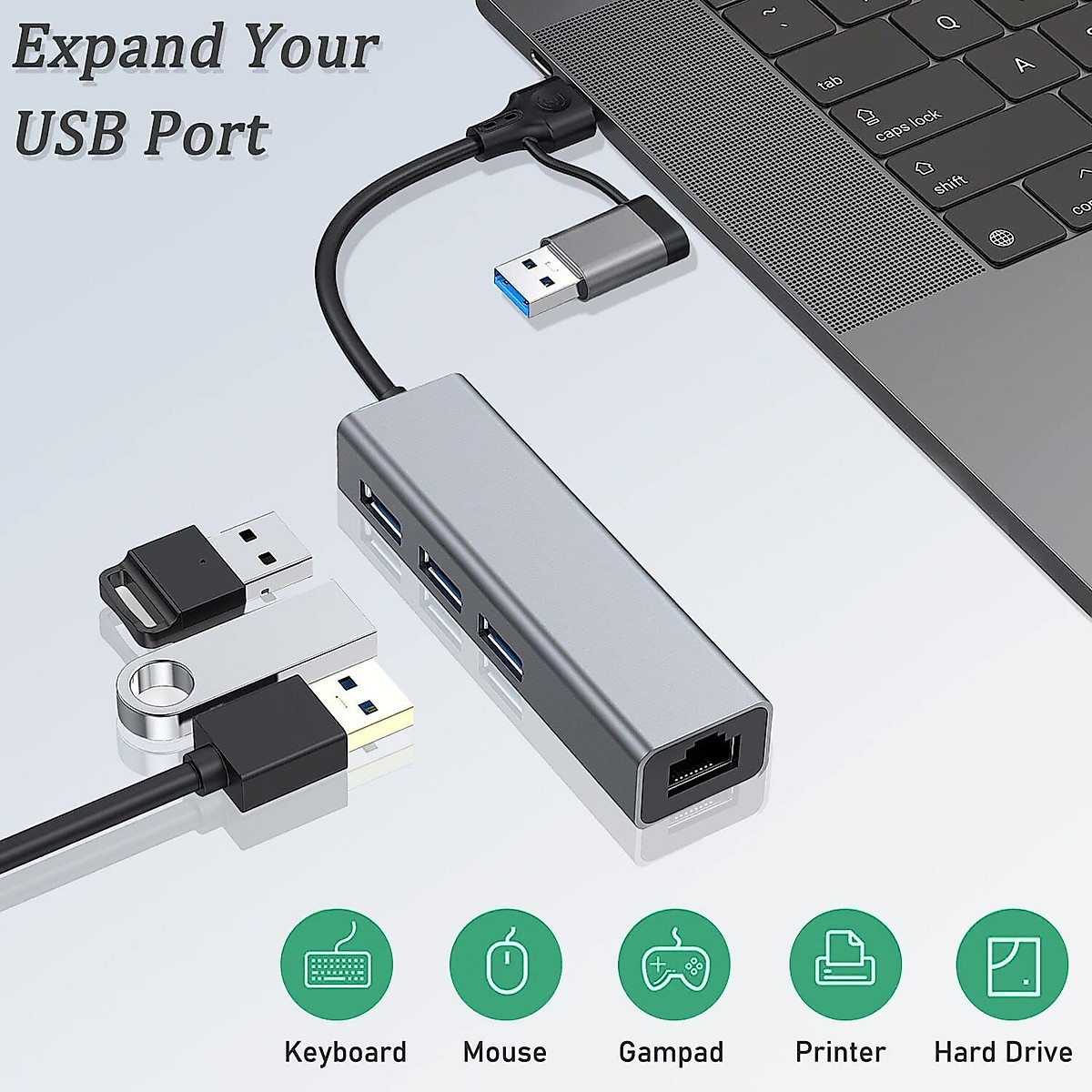 USB to Ethernet Adapter, VIENON USB 3.0 Hub with 1 Gigabit RJ45 Ethernet Port Network USB Network Adapter with USB C Adapter for Laptop