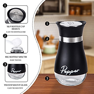 2 Pack Salt & Pepper Shakers Set, Refillable Salt Pepper with Stainless Steel Lid Container Spice Shakers Bottle for Home Kitchen, Restaurant, Picnic (Black)