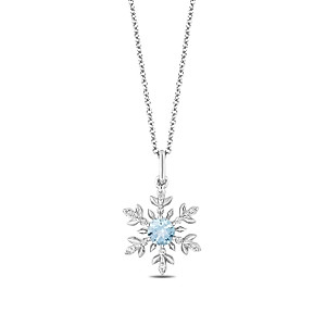 Jewelili Enchanted Disney Fine Jewelry Sterling Silver with 1/8 Cttw Diamonds and Blue Topaz Elsa Snowflake Pendant