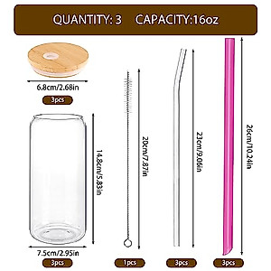 Moretoes 3pcs 16oz Glass Cups with Lids and Straws, Glass Iced Coffee Cups Drinking Glasses Set, Cute Tumbler Cup Boba Bottle for Jumbo Smoothie, Bubble Tea, Cold Brew,Soda, Juice