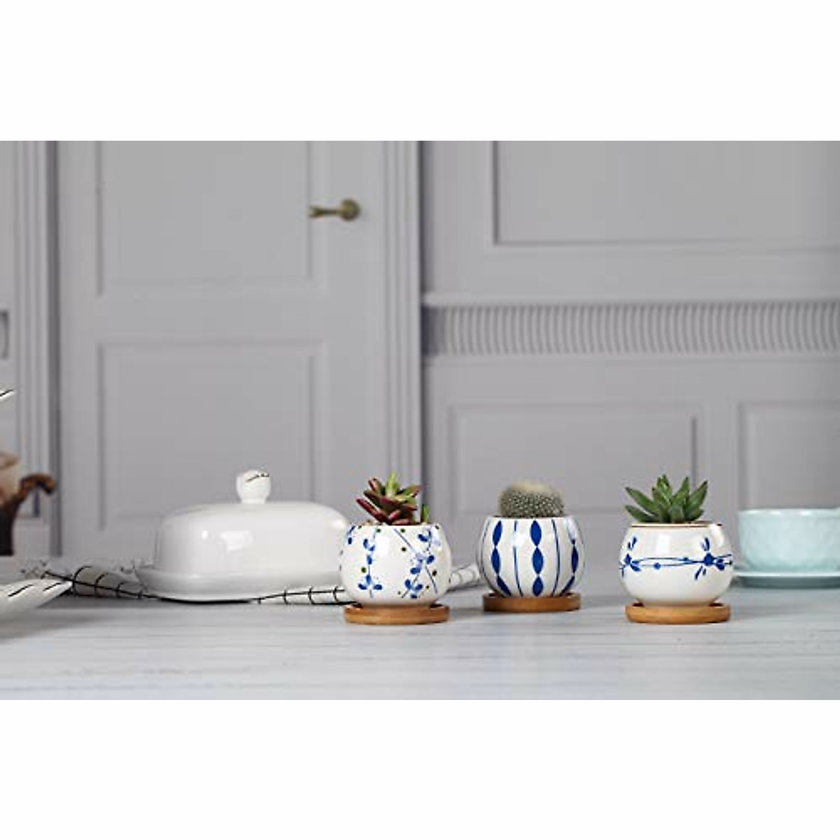 T4U 2.5 Inch Ceramic Succulent Planter Pot with Bamboo Saucer Set of 3, Cactus Plant Pot Flower Pot Container Planter Gift for Home Office Indoor Decoration Blue and White Pots