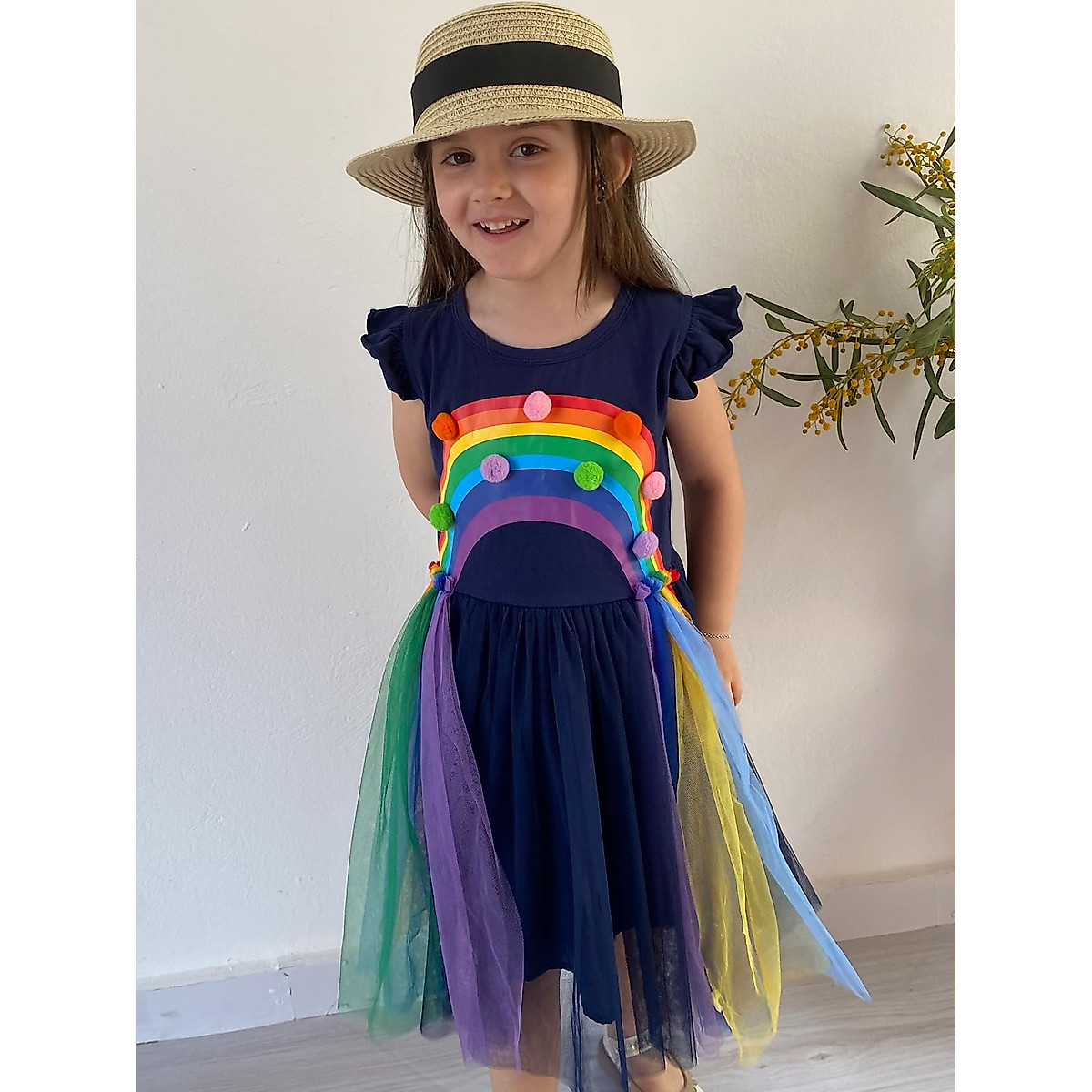 4T Girls Dresses 5T Rainbow Dress Navy Blue Dresses for Girls Flutter Sleeve Holiday Dress Size 5