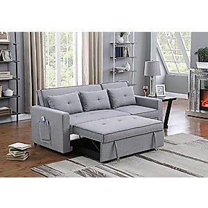 Lilola Home Zoey Light Gray Linen Convertible Sleeper Sofa with Side Pocket