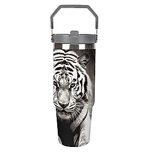 WITHSBKK 30oz Car Cup Black And White Tiger Printed with Portable, Stainless Steel Travel Mug, Vacuum Insulated Tumbler And Straw, Leakproof for Car & Outdoor, UV Printed Design