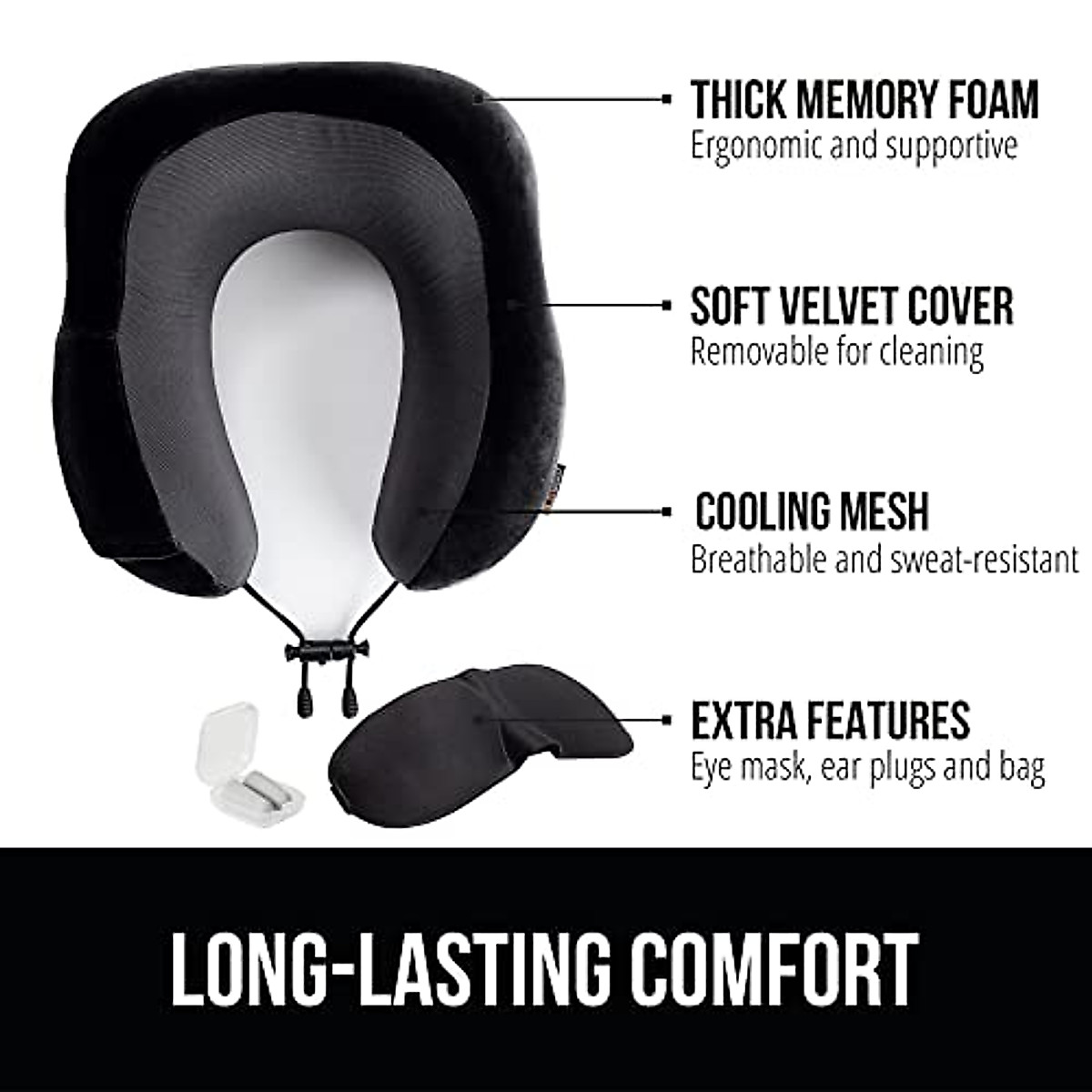 Gorilla Grip Memory Foam Travel Neck Pillow, Head Support on Airplanes, Soft Velvet, Cooling Mesh, Blinkable Eye Mask, Supportive Car Traveling, Sleeping on Long Flight, Airplane Pillows, Black