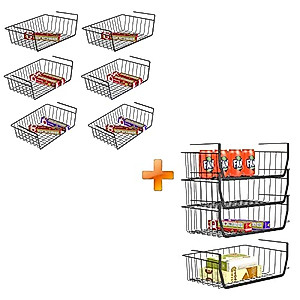 iSPECLE Under Shelf Basket and Stackable Under Shelf Basket, 6 Pack Black Wire Basket Under Shelf for Storage and 4 Pack Black Wire Storage Basket for Storage Pantry, Bundle Sales - Set o