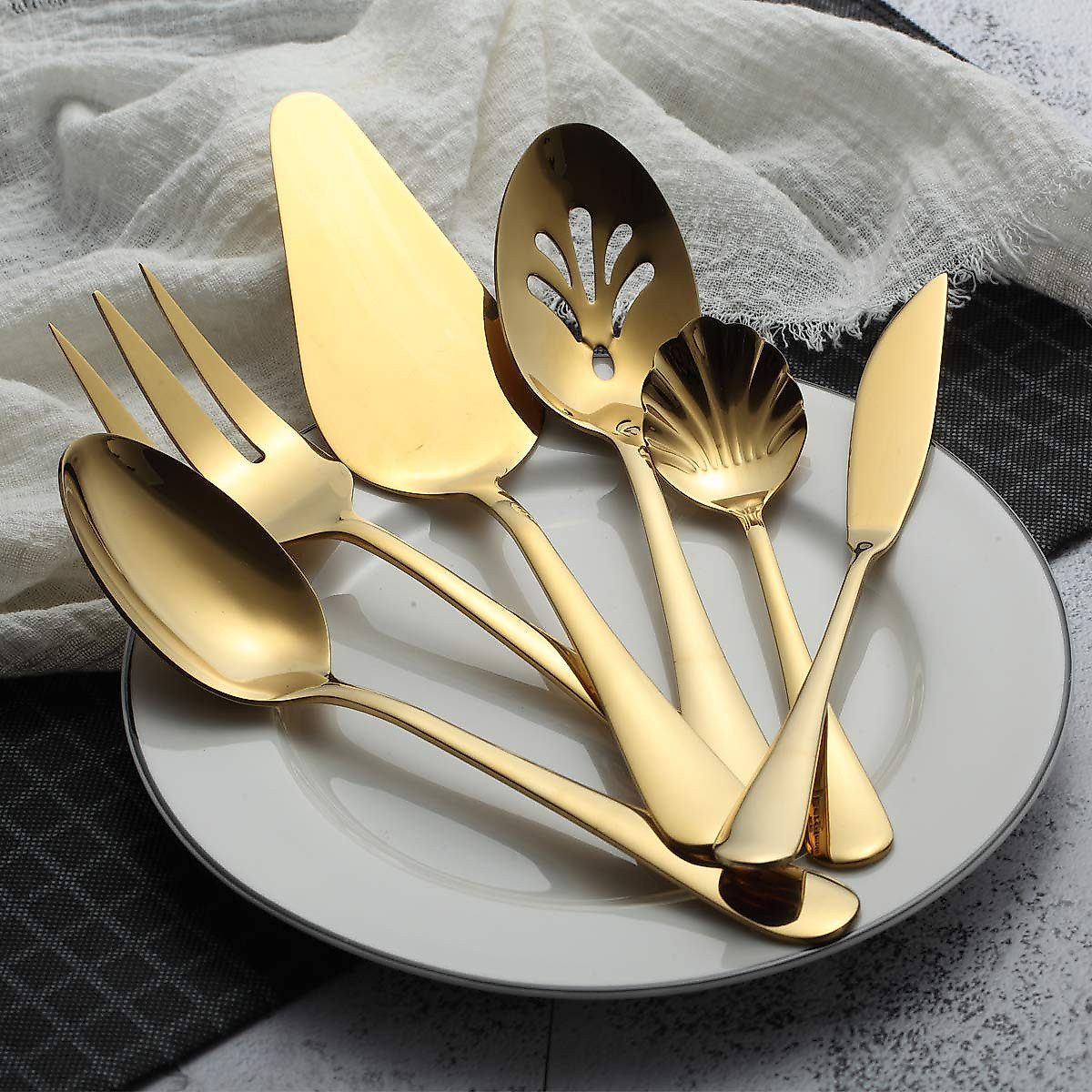 Berglander Stainless Steel Golden Titanium Plated Flatware Serving Set 6 Pieces, 5 Serving Pieces of 45 Pieces Flatware with 1 Cake Server, Golden Serving Silverware Set (Shiny Golden)