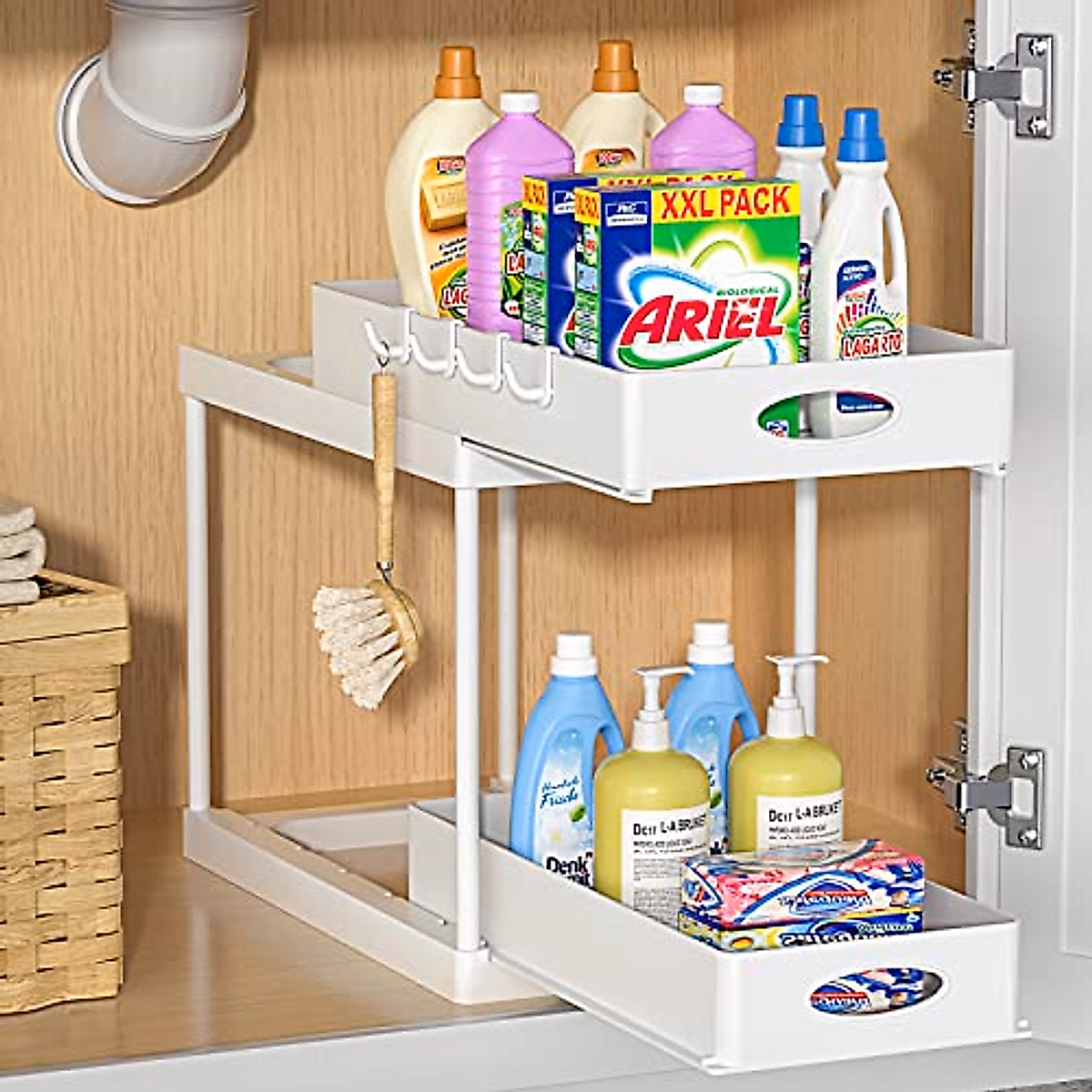 Aojia Under Sink Organizer with 2 Sliding Drawers, Bathroom Organizer Under Cabinet, Pull-out Under Sink Storage，Under Cabinet Storage for Kitchen and Bathroom
