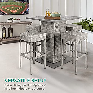Best Choice Products 5-Piece Outdoor Wicker Bar Table Set for Patio, Poolside, Backyard w/Built-in Bottle Opener, Hidden Storage Shelf, Metal Tabletop, 4 Stools - Gray