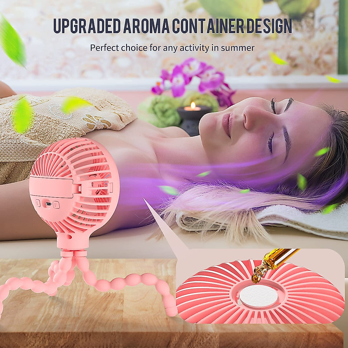 Stroller Fan Upgraded Handheld Personal Fan Battery Operated Mini Portable Fan with LED Light Aromatherapy, Flexible Tripod Clip On Fan with 3 Speeds Versatile Fan for Car Seat Crib Bike Desk (Pink)