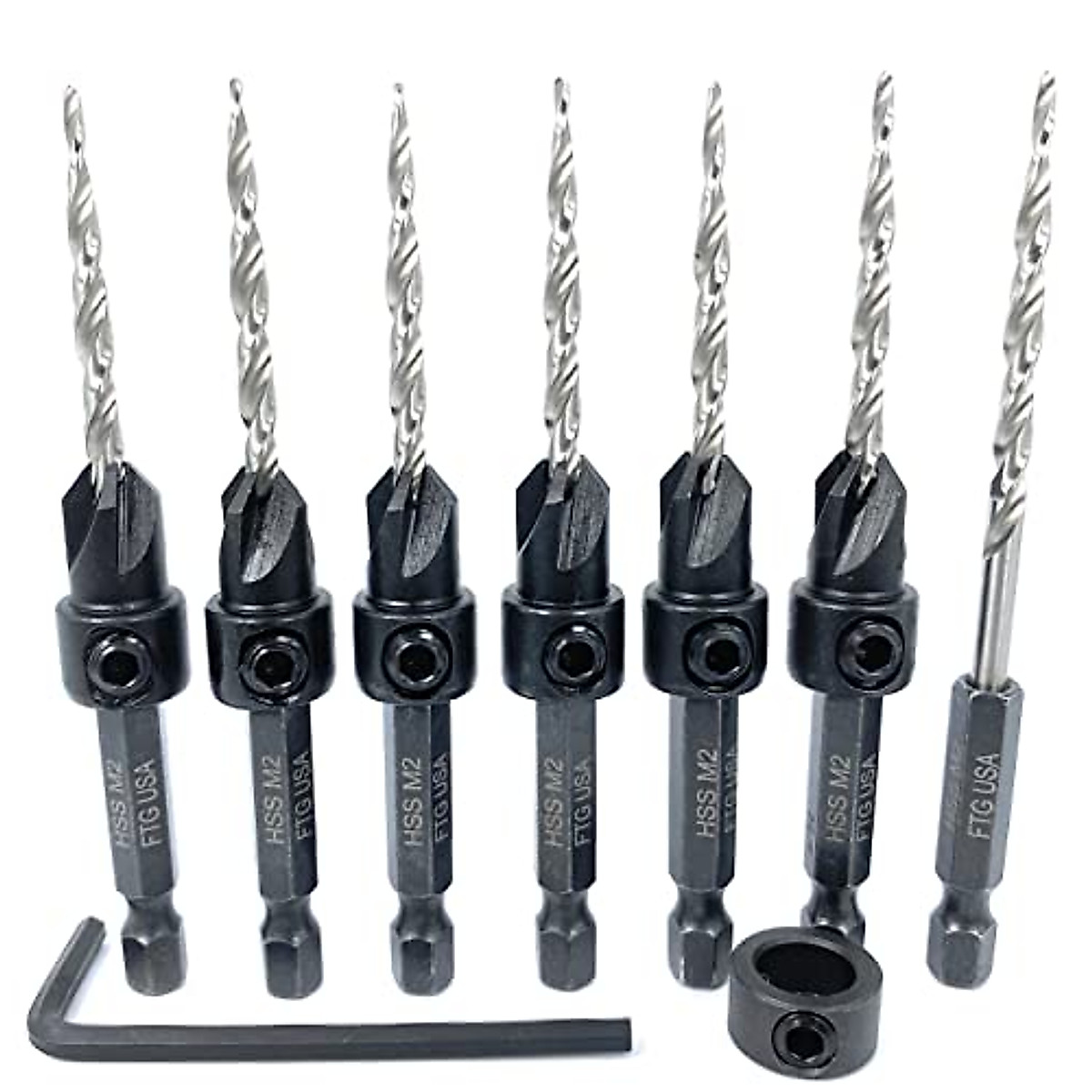 FTG USA Countersink Drill Bit Set 6 Pc #6(9/64") Wood Countersink Drill Bit, Pro Pack Countersink Bit, 1 Extra Tapered Drill Bit, 1 Stop Collar, 1 Hex Wrench and 3 Replacement Tapered Bits 9/64"