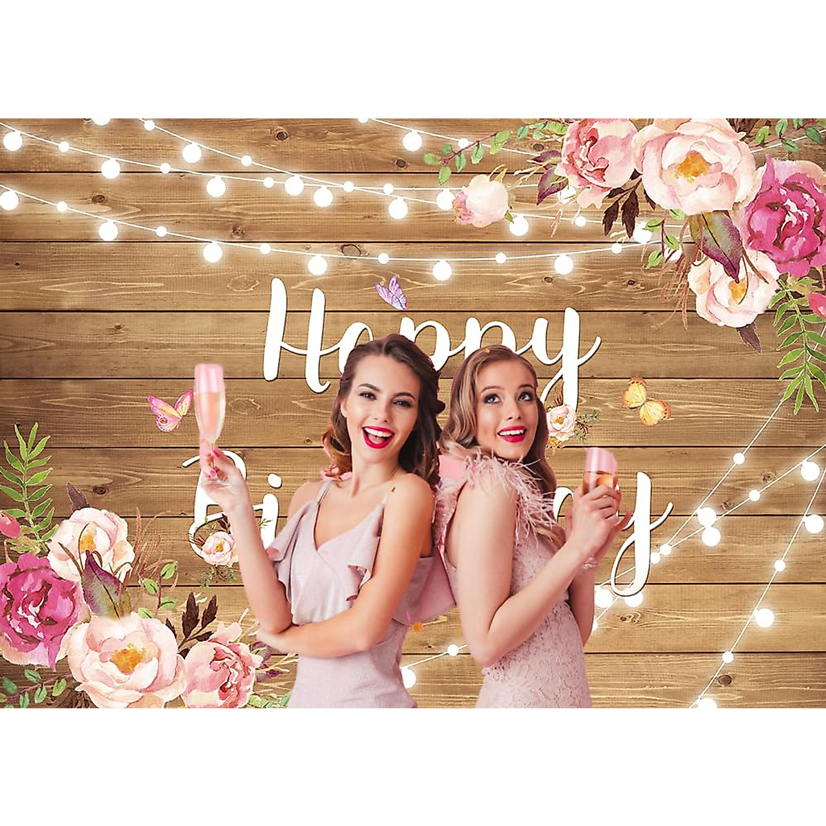 Rustic Wood Floral Birthday Backdrop Spring Flower Wood Glitter Happy Birthday Photography Background for Women Photo Booth Props Kids Adult Birthday Wedding Party Cake Table Decoration