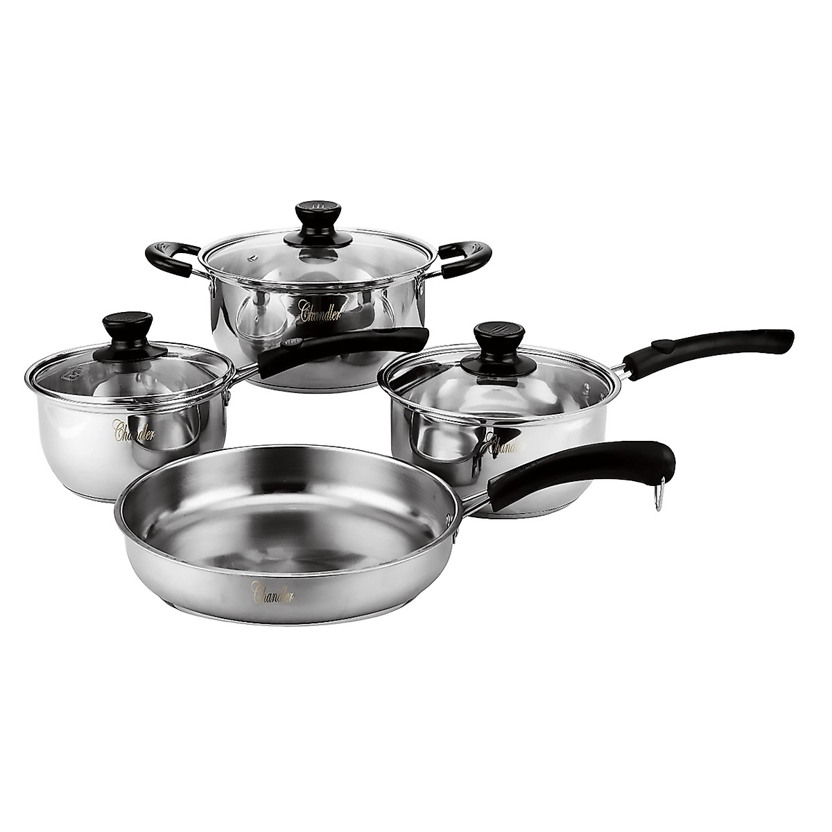 Chandler Cooking Set Stainless Steel Available in Small, and Large Size include Saucepans Cooking Pots Pan Deep Pan with Tempered Glass Lid Commercial Grade Base 4 Layers (Stainless Steel 7 Pieces)