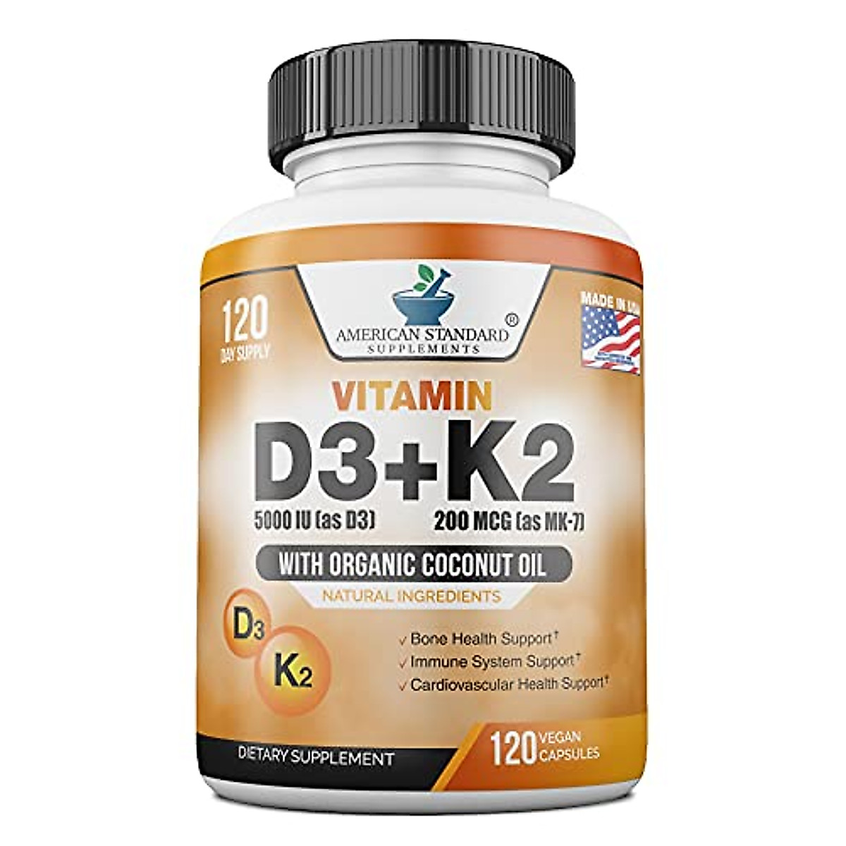 Vitamin D3 K2 (MK-7), Vitamin D3 (5000IU) + K2 (MK-7) 200mcg w/ Organic Coconut Oil, Vitamin D3 + K2, Vitamin D3 + K2, Vitamin K2 D3, Immune & Bone Health, No Fillers, Made in USA, 120 Veggie Capsule