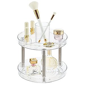 mDesign Spinning 2-Tier Lazy Susan Makeup Turntable Storage Center Tray - Rotating Organizer for Bathroom Vanity Counter Tops, Dressing Tables, Cosmetic Stations - Ligne Collection - 9" Round - Clear