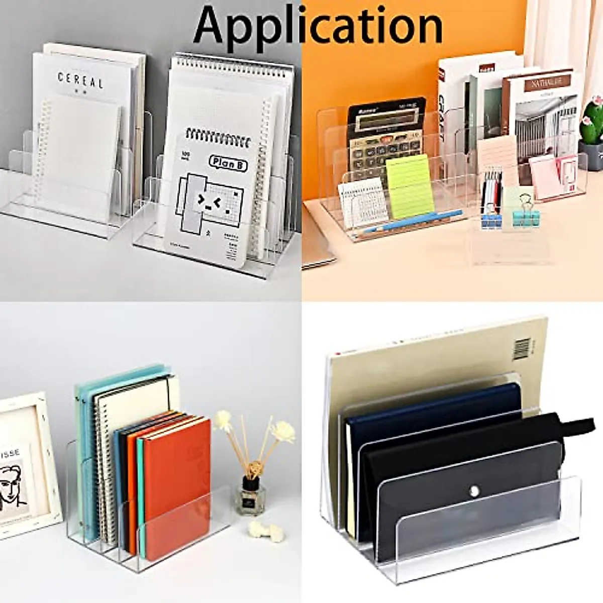 Halyuhn Acrylic Desk File Organizer, 4Sections Clear File Organizer for Desk, Letter Organizer Desktop, Acrylic Mail Organizer Countertop for Notebook, Document and Mail, File Holder for Desk,1Pcs