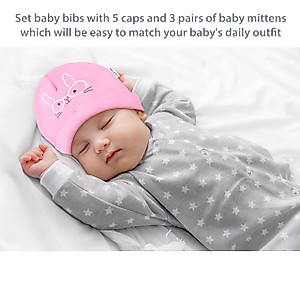 DOKMA Organic Cotton Baby Mittens and Caps Set - Mittens for Newborn 0-6 Months - Ultra Soft, No Scratch - 5 Caps x 3 Mittens