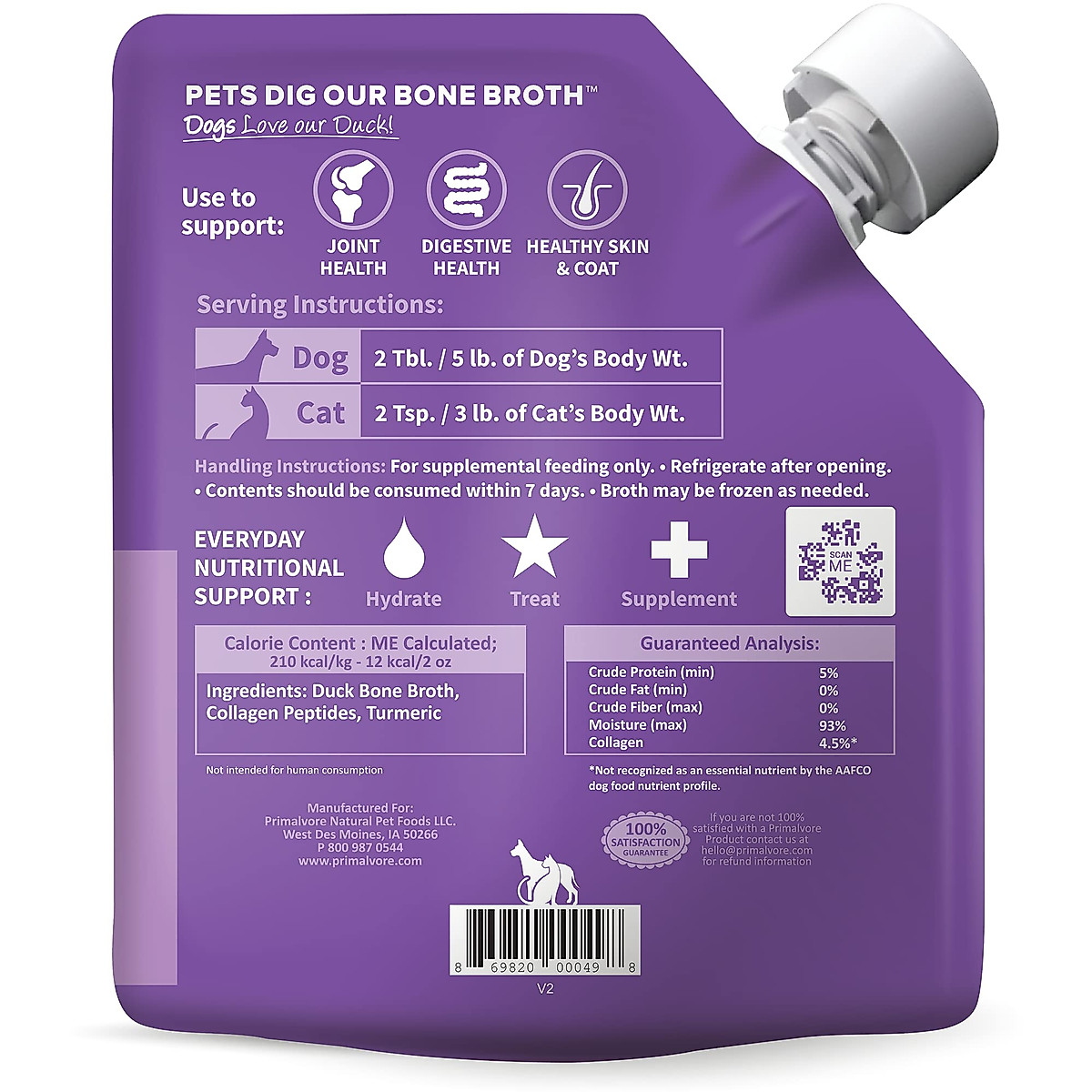Primalvore Beef & Duck Free-Range Bone Broth for Dogs &Cats, Mobility Formula w/Collagen Peptides for Hip&Joints, Digestion, Skin&Coat and Hydration. Grain Free, Human Grade, Made in USA. 4 Pack
