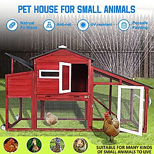 PetsCosset Chicken Coop Wooden Backyard Hen House - Indoor Outdoor for 2-3 Chickens, 2 Story Poultry Cage with Run, Chicken Nesting Box, Pull Out Trays and Anti-Slip Asphalt Ramp