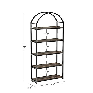 Nathan James Haven Etagere Bookshelf, 5-Shelf Bookcase in Nutmeg Wood and Black Metal Frame with Arch Top and Open Shelves, Nutmeg/Black