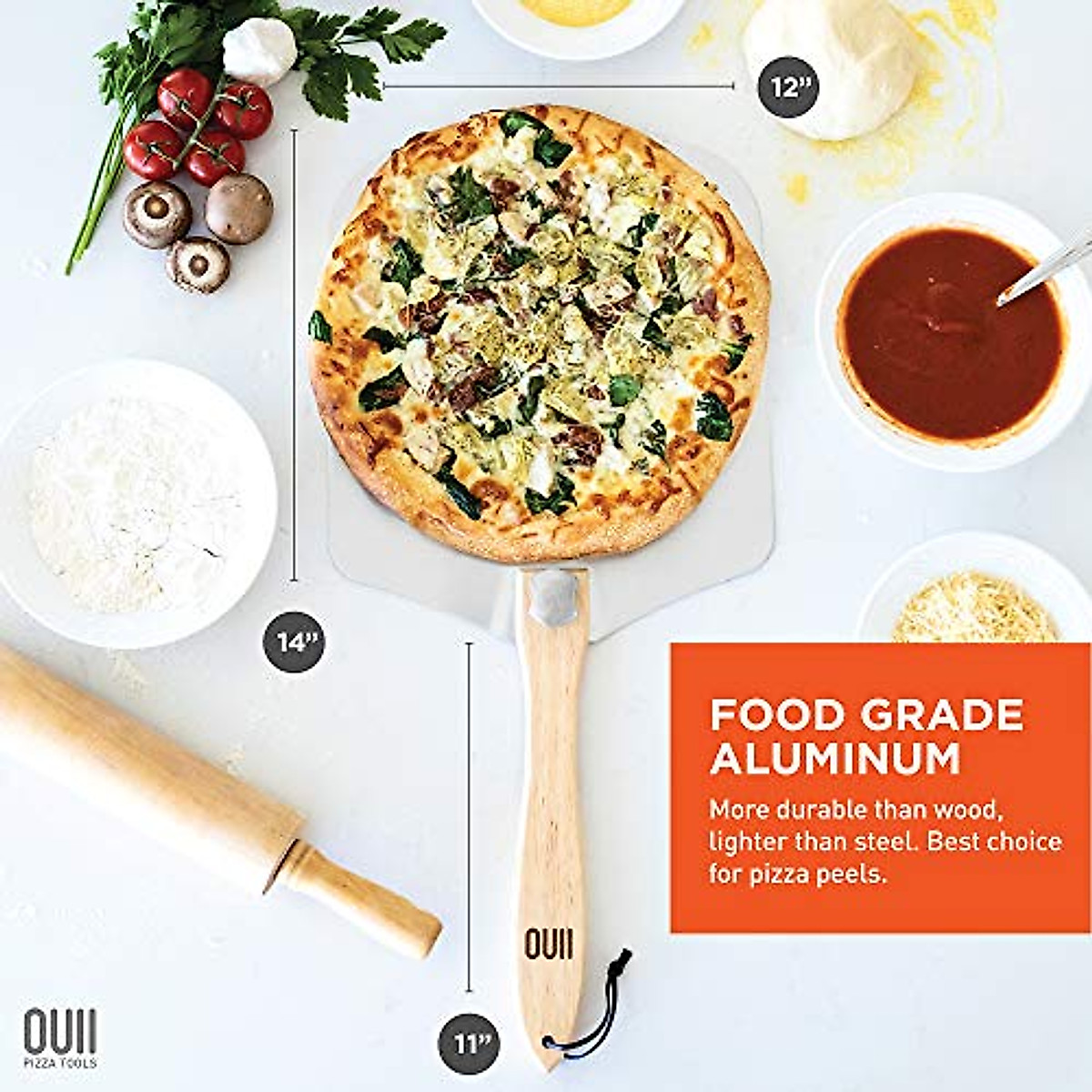 OUII Pizza Peel Aluminum Metal Pizza Paddle - 12 x 14 inch. Pizza Cutter Rocker 14'' Blade Pizza Spatula for Pizza Stone, Pizza Oven Accessories. Pastry, Dough, Bread Peel and Rocker Knife Pizza Tools