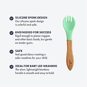Avanchy Baby Fork Set, Bamboo and Silicone Spork Utensils, Toddler Baby Led Weaning Silverware Cutlery Flatware, Kids First Self Feeding, 2 Pack, Green
