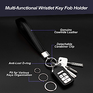 MECHCOS Car Key Fob Keychain Holder Genuine Leather Wristlet Loop Key Chain Circle Carabiner Clip for Men and Women with Anti-Lost D Ring, Screwdriver, 4 Key Rings, 360 Degree Rotatable, Black