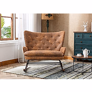 Henf Oversized Rocking Chair, Modern Velvet Rocker Armchair Loveseat Chair with Tufted High Back and Padded Seat Comfortable Accent Glider Rocker for Nursery Living Room Bedroom, Coffee