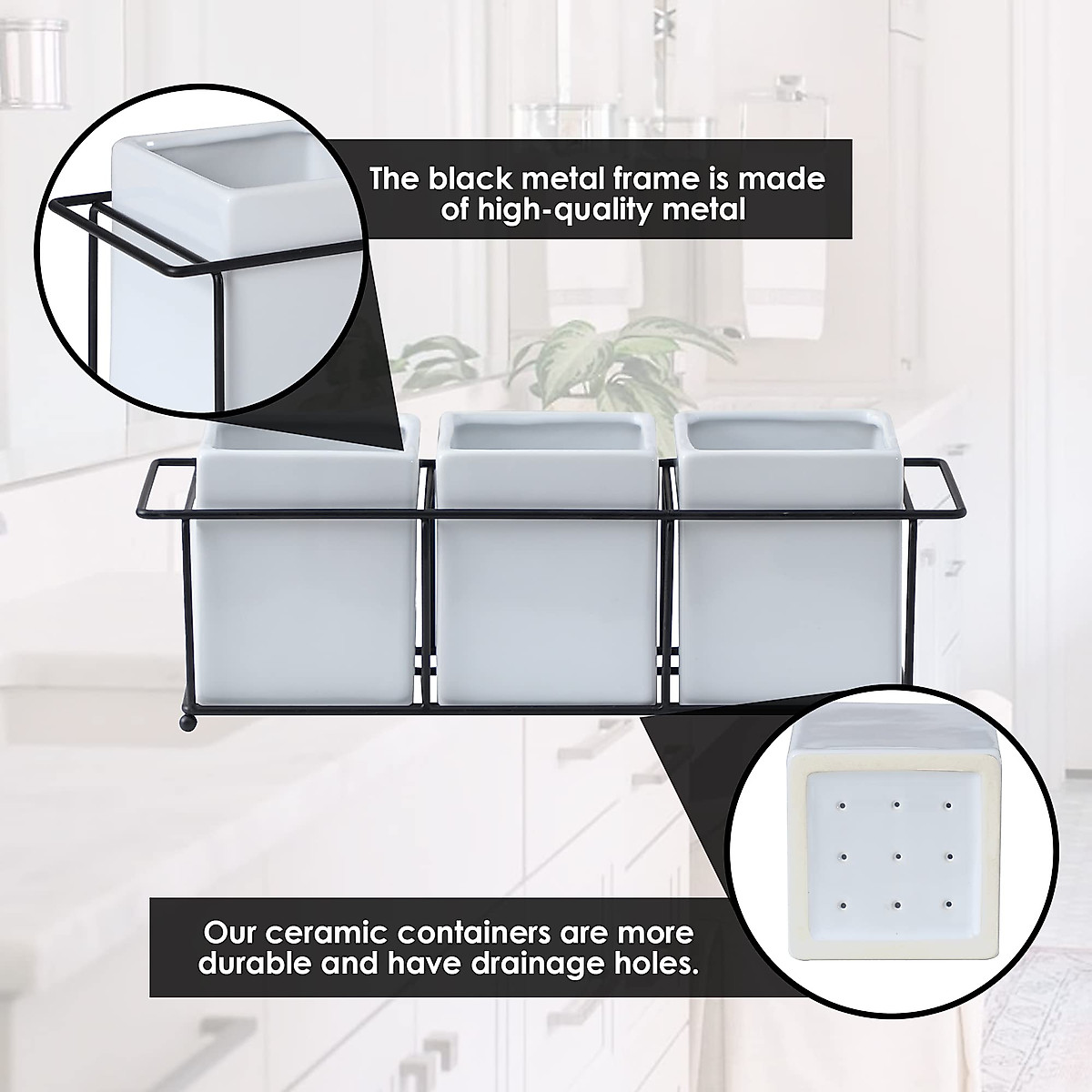3 Piece Ceramic Flatware Holder with Metal Rack, Porcelain Silverware Caddy, Silverware Cutlery, Perfect for Home, Kitchen & all gatherings with friends, family