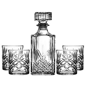 Royalty Art Kinsley Whiskey Glasses Set with Decanter for Scotch, Bourbon, Cognac, and Liquor, Classic 5-Pc. Glass Bundle for Serving Alcohol, Pull Top Drink Stopper