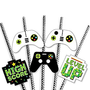 Game Zone - Paper Straw Decor - Pixel Video Game Party or Birthday Party Striped Decorative Straws - Set of 24