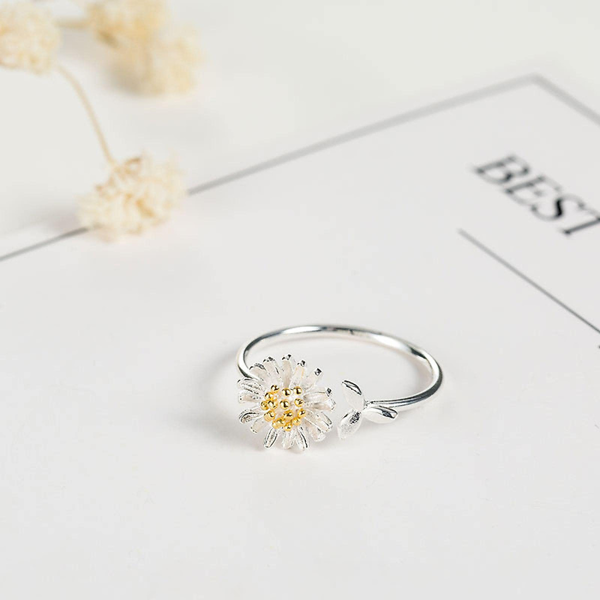Women'S Sterling Silver Open Ring, Daisy Ring, Adjustable Size Ring 1