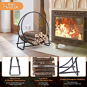 PHI VILLA 30 Inch Log Hoop Firewood Rack Curved Fireplace Wood Storage Holder Wood Stove Accessories,Indoor/Outdoor Heavy Duty Iron Black