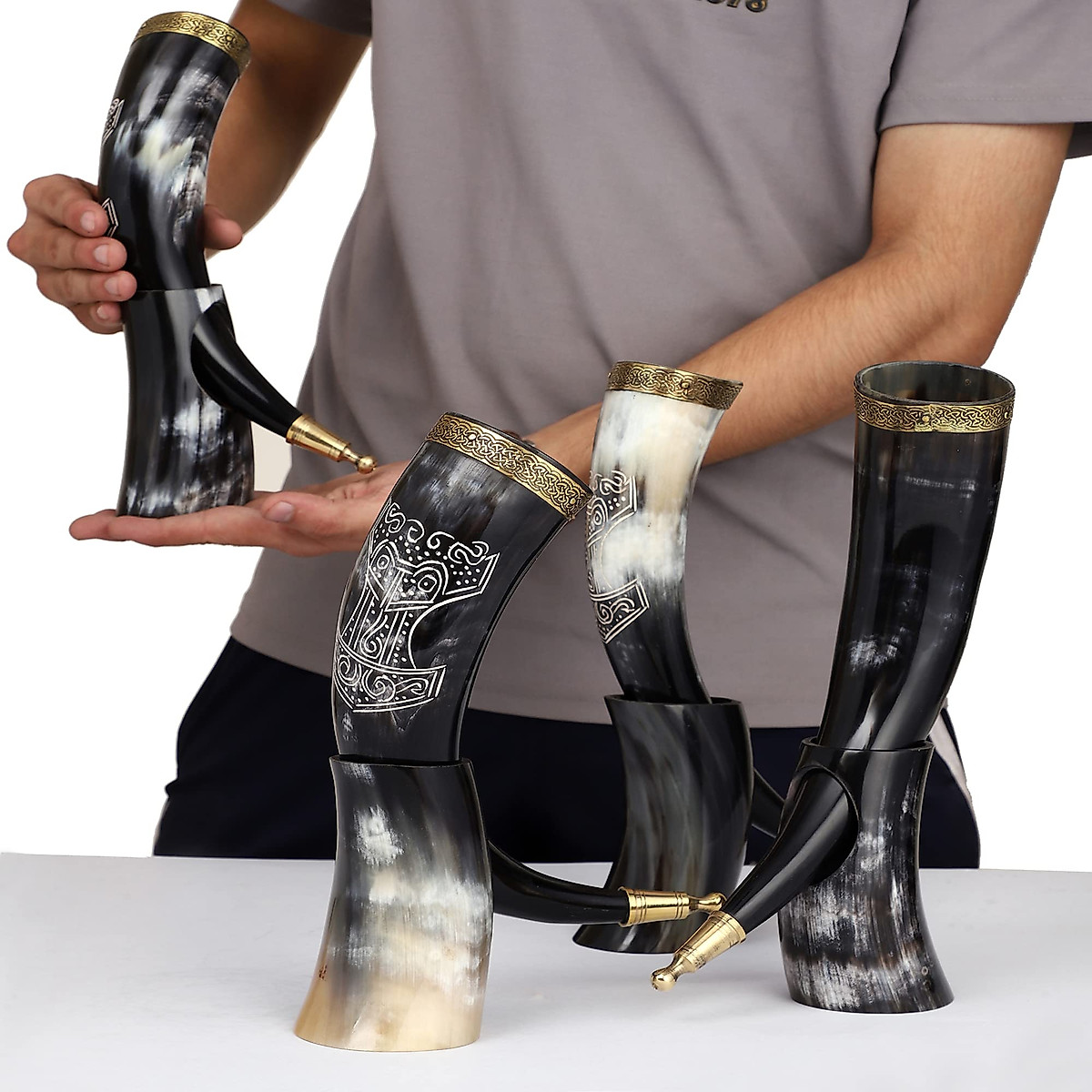 Bhartiya Handicrafts Viking Drinking Horn with Stand - Unique Genuine Ox Horn - Handmade Horn- Mjolnir Carved Horn - Thor Horn 4 pieces